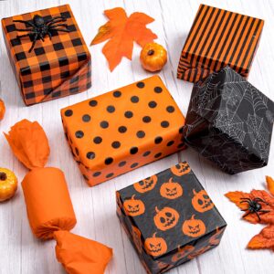 Whaline 90 Sheets Halloween Tissue Paper Black Orange Pumpkin Wrapping Tissue 19.7×13.8 Inch Halloween Cobweb Plaids Dot Stripe Art Tissue Paper for Halloween Party DIY Craft Gift Decor, 6 Designs