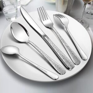 Homikit 20 Pieces Hammered Silverware Set, Stainless Steel Flatware Cutlery for 4, Fancy Metal Tableware Eating Utensils Include Knives Forks Spoons, Mirror Polish, Dishwasher Safe