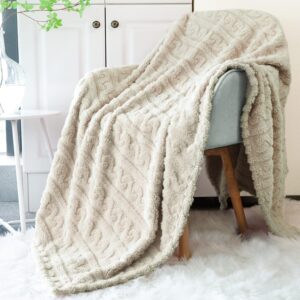 homritar fuzzy throw blanket for men women, decorative 3d fleece blankets for unisex kids really warm fluffy cozy plush fleece comfy flannel blanket for couch sofa bed (beige, 50 x 60 inch)