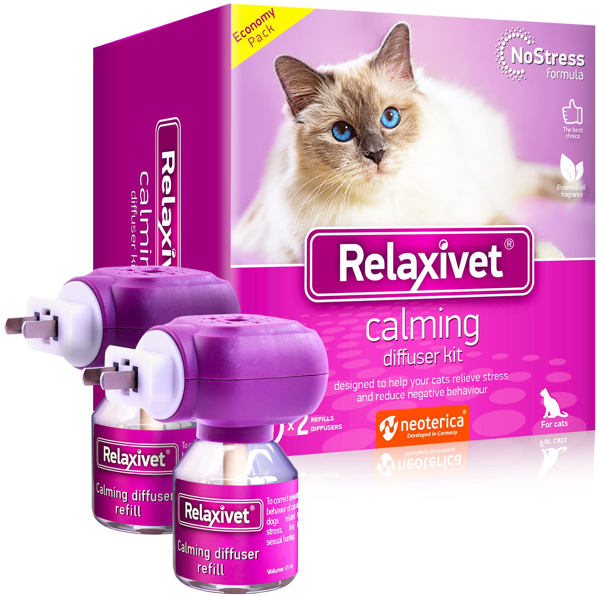 Cat Calming Pheromone Diffuser Kit | Improved DE-Stress Formula | Anti-Anxiety Treatment for Cats | Reduces Stress, Scratching, Fighting & Other Problematic Behavior (2 Diffusers + 2 Refills)