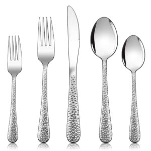 homikit 20 pieces hammered silverware set, stainless steel flatware cutlery for 4, fancy metal tableware eating utensils include knives forks spoons, mirror polish, dishwasher safe