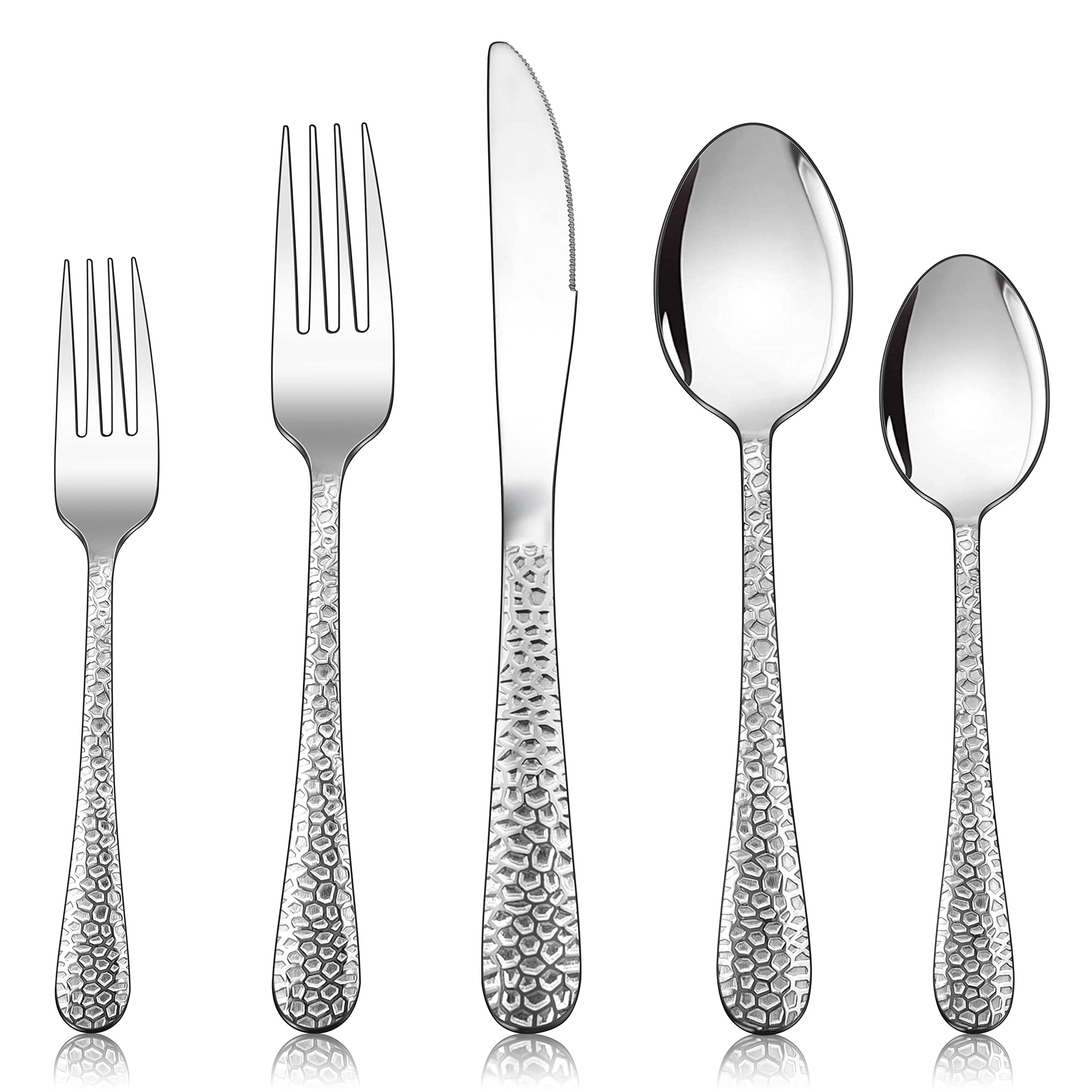 Homikit 20 Pieces Hammered Silverware Set, Stainless Steel Flatware Cutlery for 4, Fancy Metal Tableware Eating Utensils Include Knives Forks Spoons, Mirror Polish, Dishwasher Safe