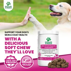 Doggie Dailies Skin & Coat Supplement + Antioxidant Support, 225 Soft Chews, Salmon Oil for Dogs Skin and Coat with Collagen, Omega 3, Krill Oil, Biotin, & Coconut Oil for Dogs