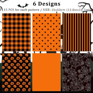 Whaline 90 Sheets Halloween Tissue Paper Black Orange Pumpkin Wrapping Tissue 19.7×13.8 Inch Halloween Cobweb Plaids Dot Stripe Art Tissue Paper for Halloween Party DIY Craft Gift Decor, 6 Designs