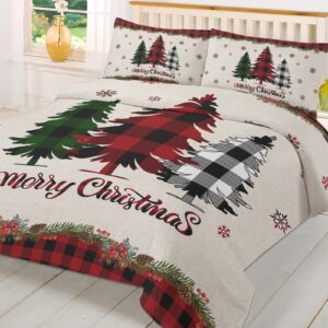 3 piece comforter cover set california king, merry christmas plaid xmas tree and snowflakes red lattice border soft bedding set for kids teens children adults (1 duvet cover and 2 pillowcases)