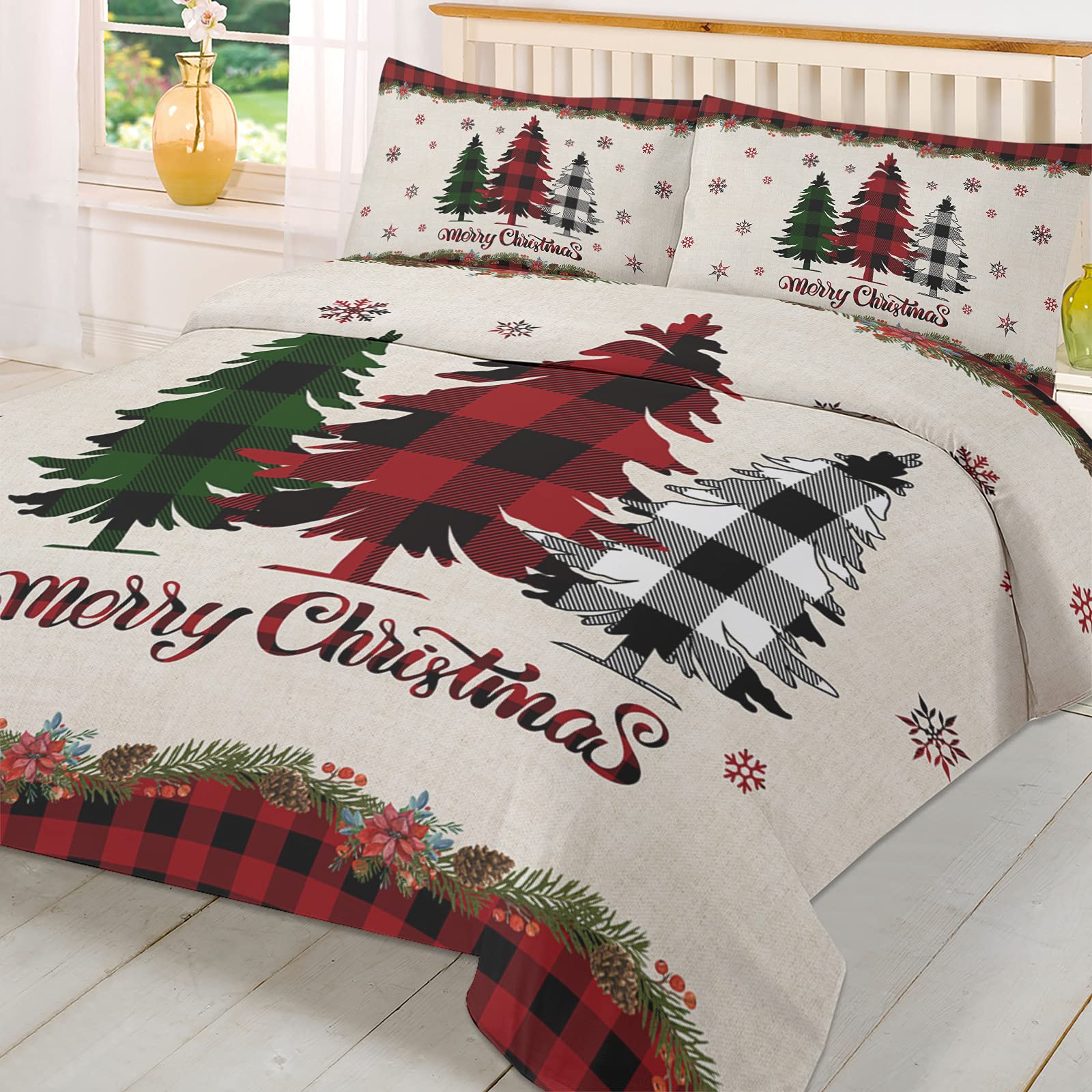 3 Piece Comforter Cover Set California King, Merry Christmas Plaid Xmas Tree and Snowflakes Red Lattice Border Soft Bedding Set for Kids Teens Children Adults (1 Duvet Cover and 2 Pillowcases)