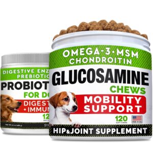 glucosamine treats for dogs + dog probiotics treats for picky eaters bundle - joint supplement w/omega-3 fish oil, chondroitin, msm and digestive support, allergy, gas and constipation relief