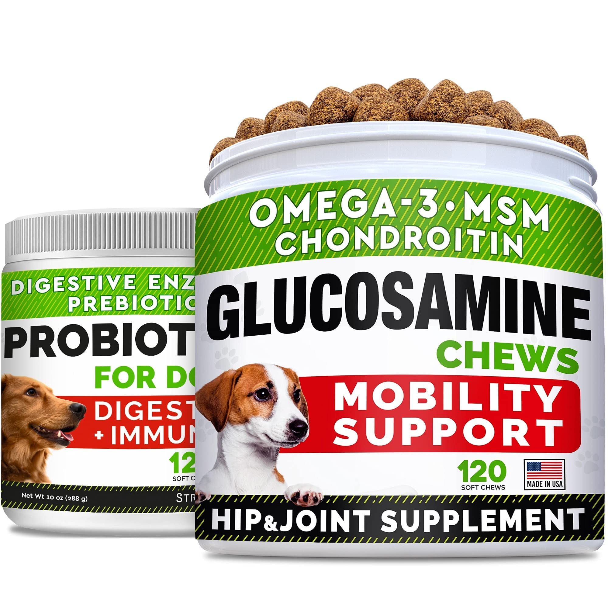 Glucosamine Treats for Dogs + Dog Probiotics Treats for Picky Eaters Bundle - Joint Supplement w/Omega-3 Fish Oil, Chondroitin, MSM and Digestive Support, Allergy, Gas and Constipation Relief