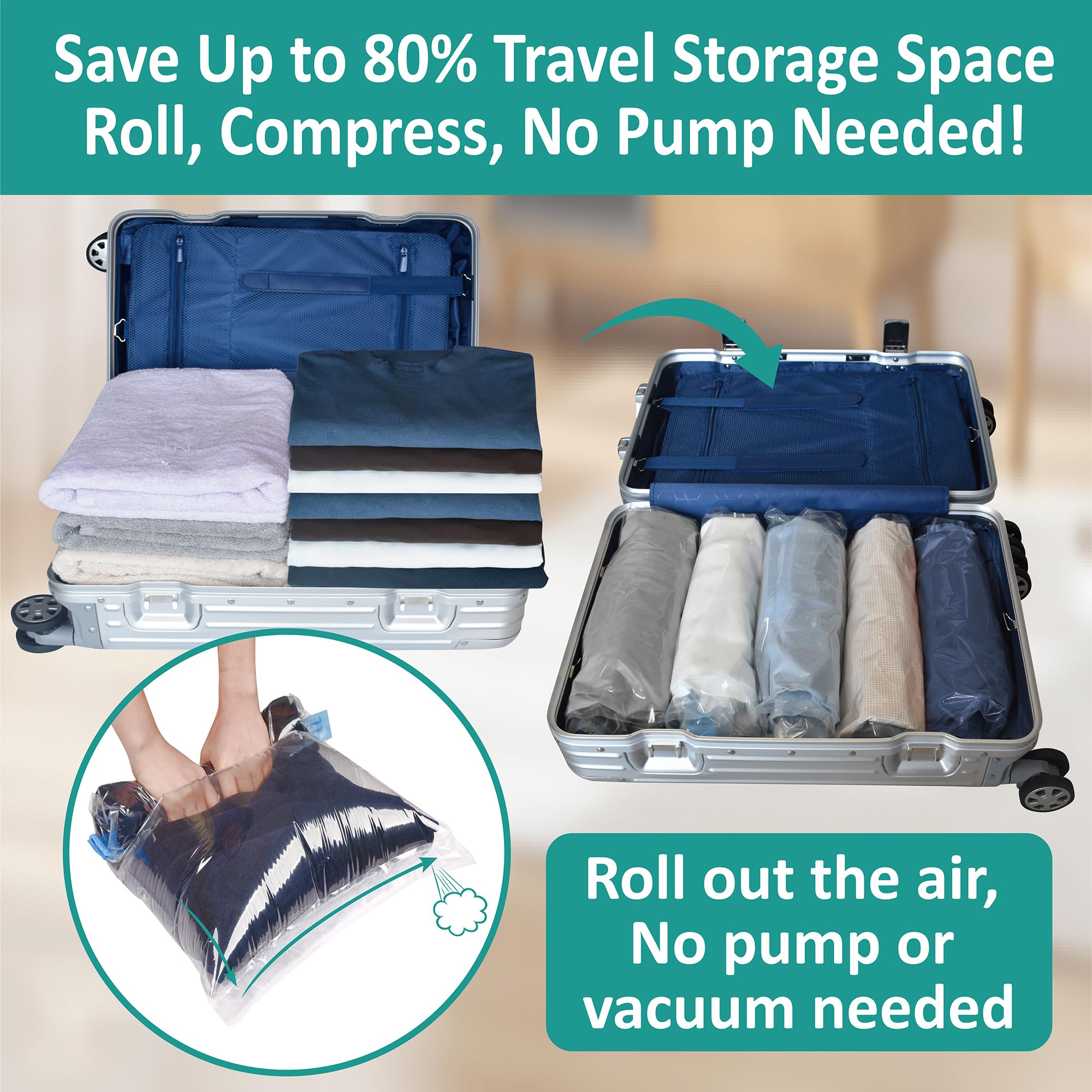 12 Roll Up Space Saver Bags for Travel, Travel Compression Bags for Packing & Clothes, No Pump or Vacuum Needed