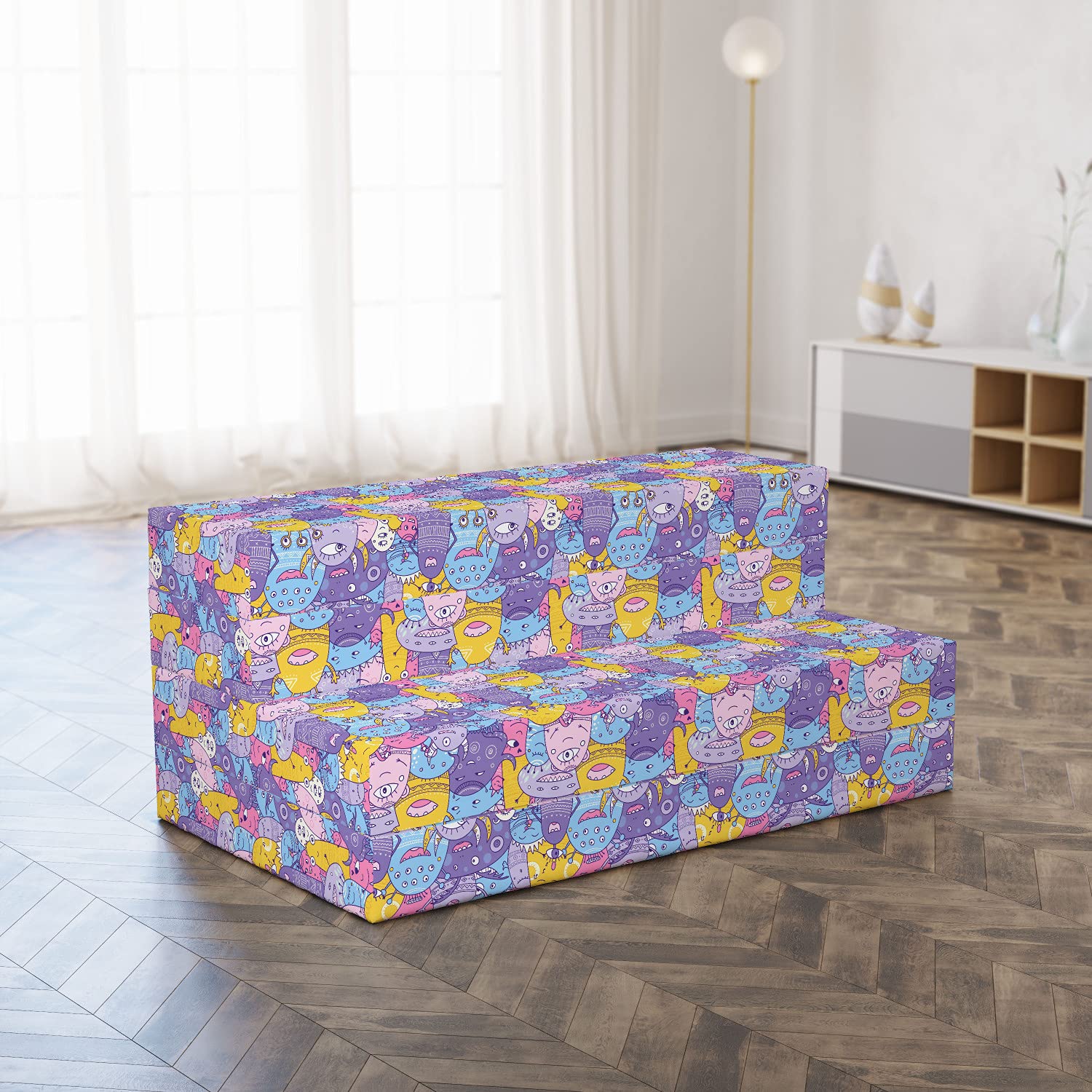 Ambesonne Aliens Foldable Mattress, Happy Monsters, 78.7" x 47.2", Ceil Blue and Multicolor