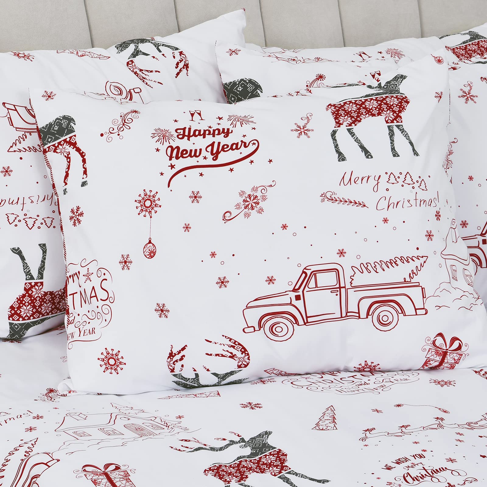 Lyacmy Christmas Duvet Cover Set Twin Reindeer Comforter Cover Set 2 Pcs Christmas Tree Bedding Cover White and Red Grid Quilt Cover with Zipper Closure(1 Duvet Cover, 1 Pillow Shams)