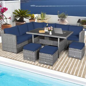 HAPPYGRILL 7 PCS Patio Conversation Set Rattan Wicker Furniture Set with Cushions Outdoor Rattan Sofa Set with Dining Table & Ottomans for Poolside Backyard Balcony Garden