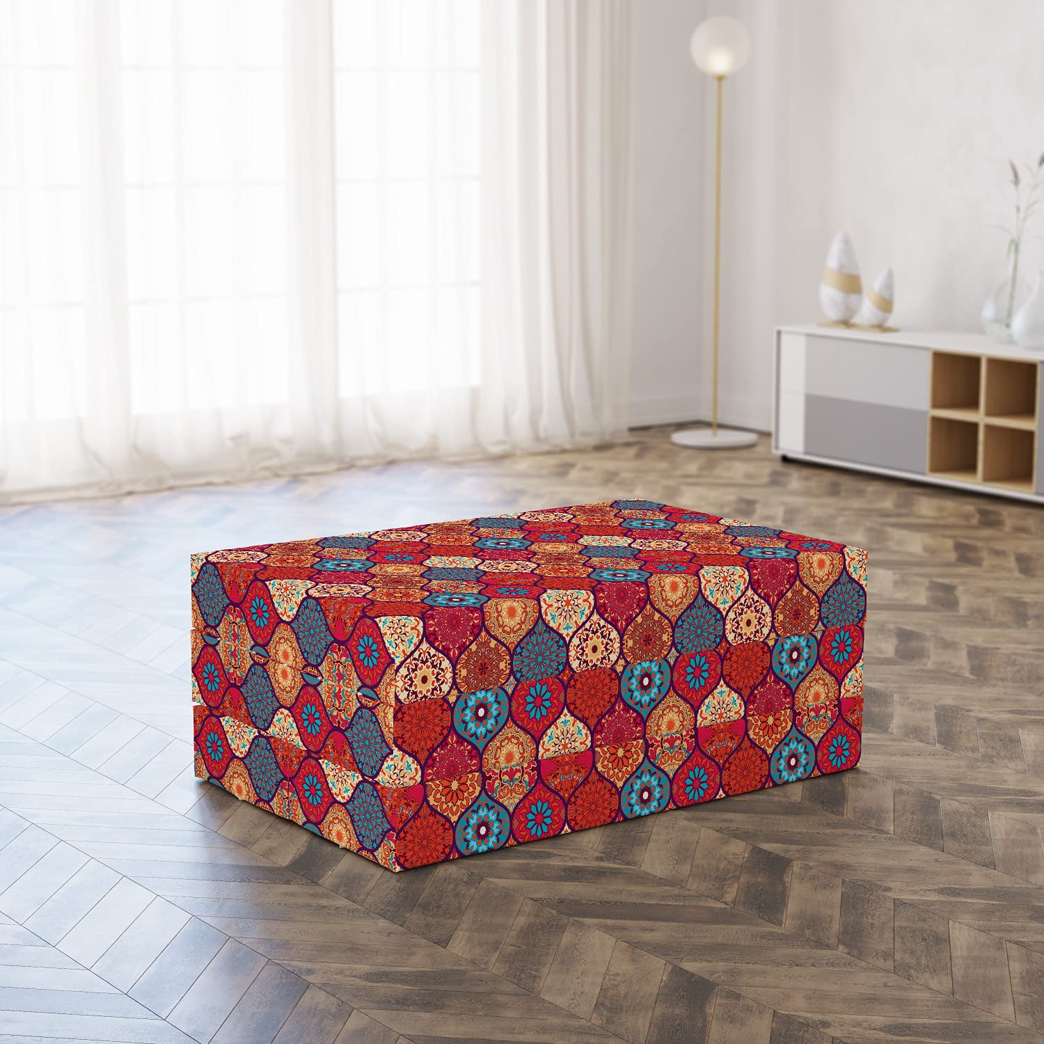 Ambesonne Moroccan Foldable Mattress, Oriental Wavy Natural, 74.8" x 39.4", Multicolor