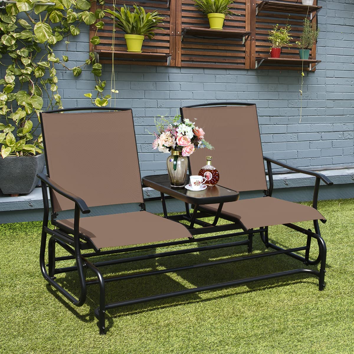 Giantex Patio Bench Glider Chair with Metal Frame, Center Tempered Glass Table, Outside Double Rocking Swing Loveseat for Porch, Garden, Poolside, Balcony, Lawn Rocker Outdoor Glider Bench(Brown)