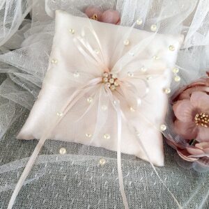 LABJULY Ring Pillow Pearl Ring Bearer Pillows 5.9x5.9 Inch Champagne Stain Ribbons Bow Fall Wedding Ring Pillows for Bridal Wedding