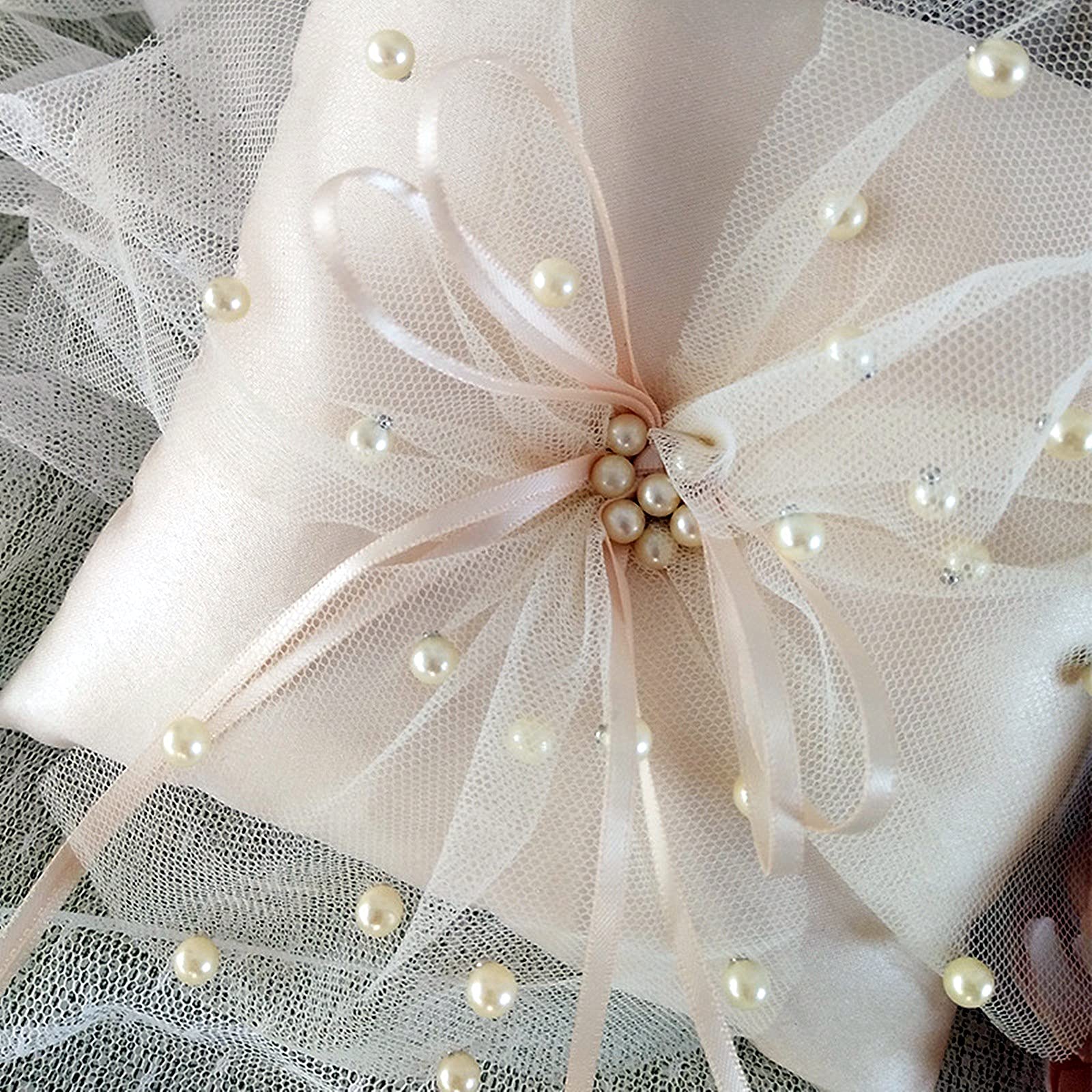 LABJULY Ring Pillow Pearl Ring Bearer Pillows 5.9x5.9 Inch Champagne Stain Ribbons Bow Fall Wedding Ring Pillows for Bridal Wedding