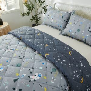 Brandream Kids Space Bedding Set Boy Girl 100% Cotton Space Rocket Galaxy Comforter Set 3-Piece Twin Size