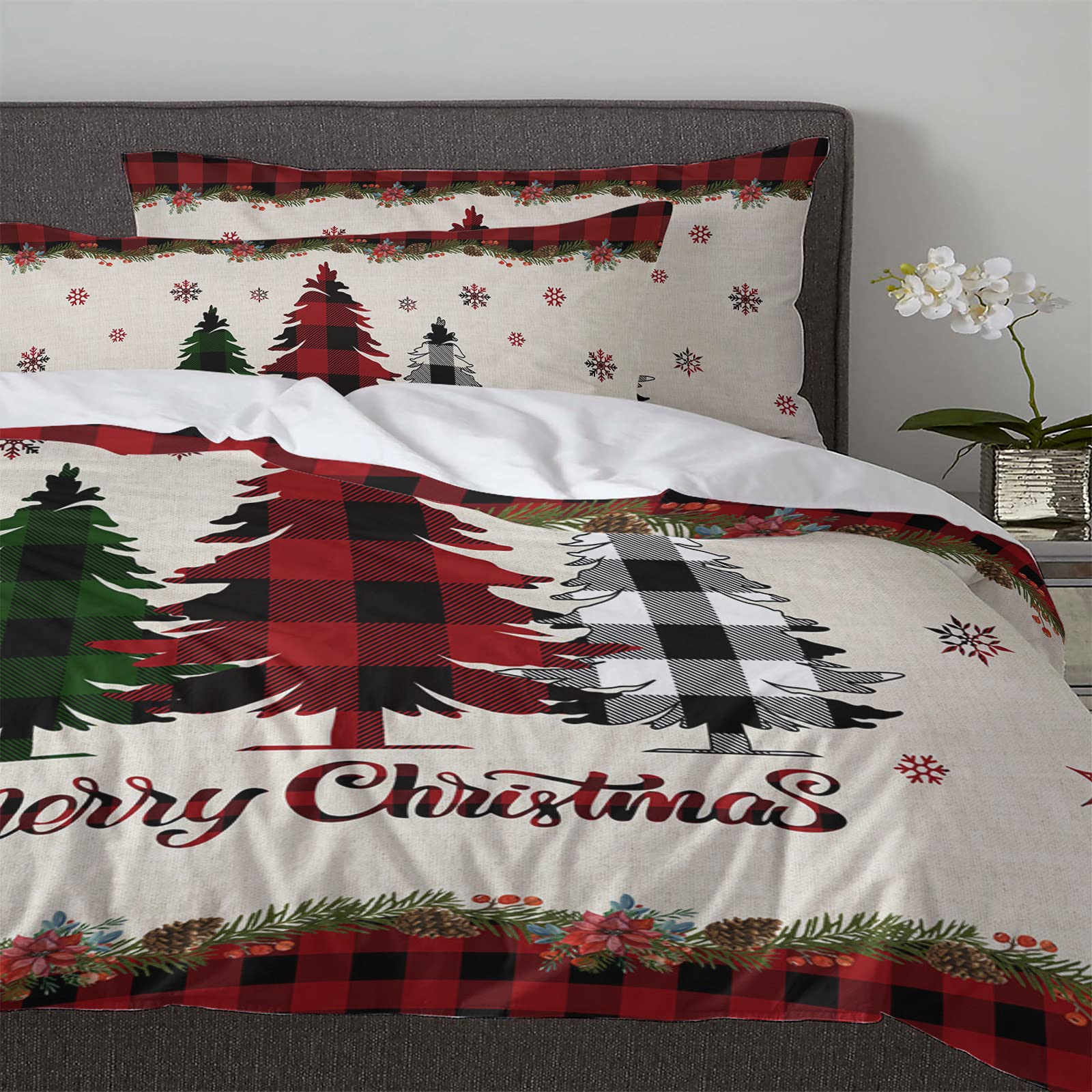 3 Piece Comforter Cover Set California King, Merry Christmas Plaid Xmas Tree and Snowflakes Red Lattice Border Soft Bedding Set for Kids Teens Children Adults (1 Duvet Cover and 2 Pillowcases)