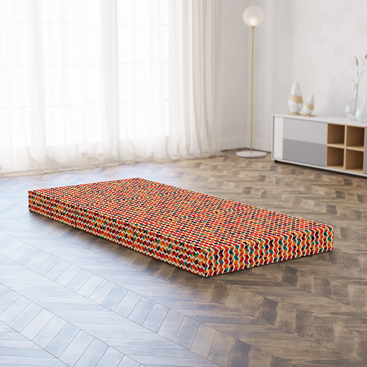 Ambesonne Geometric Foldable Mattress, Zig Zag Fractal Look, 74.8" x 35.4", Multicolor