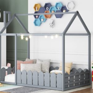 AOCOROE Twin Size House Bed for Boys and Girl Wood Twin Platform Bed Frame Playhouse Design Canopy Bed Tent Bed with Roof and Fence, Floor Height,Grey