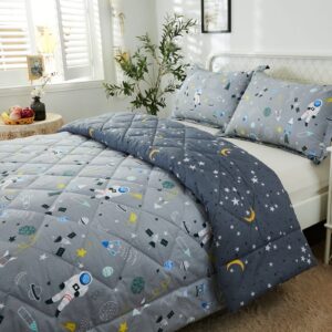 brandream kids space bedding set boy girl 100% cotton space rocket galaxy comforter set 3-piece twin size