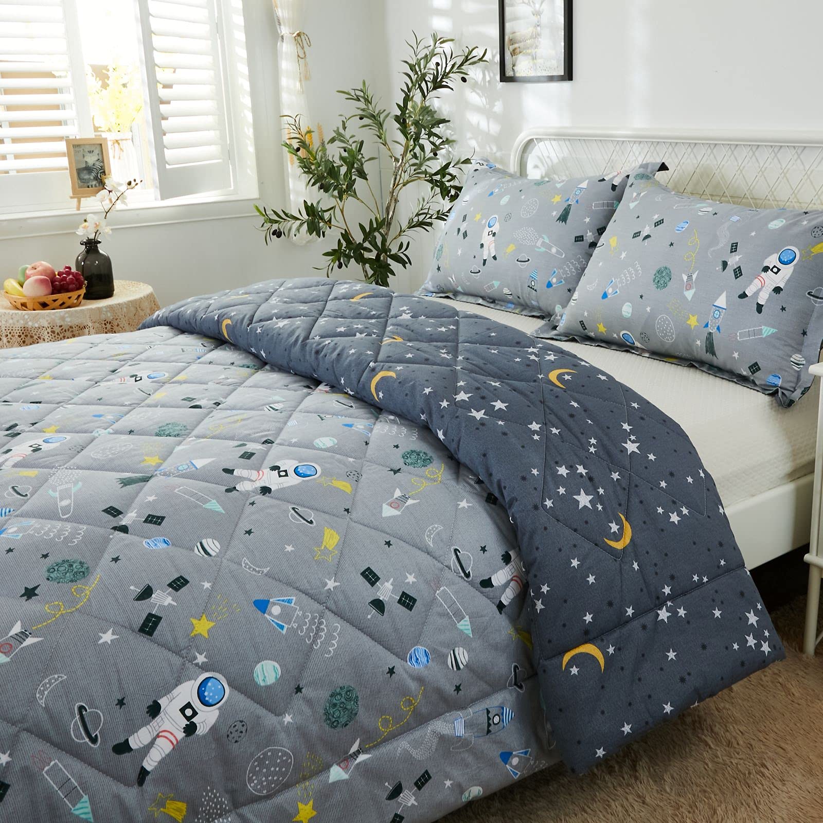 Brandream Kids Space Bedding Set Boy Girl 100% Cotton Space Rocket Galaxy Comforter Set 3-Piece Twin Size