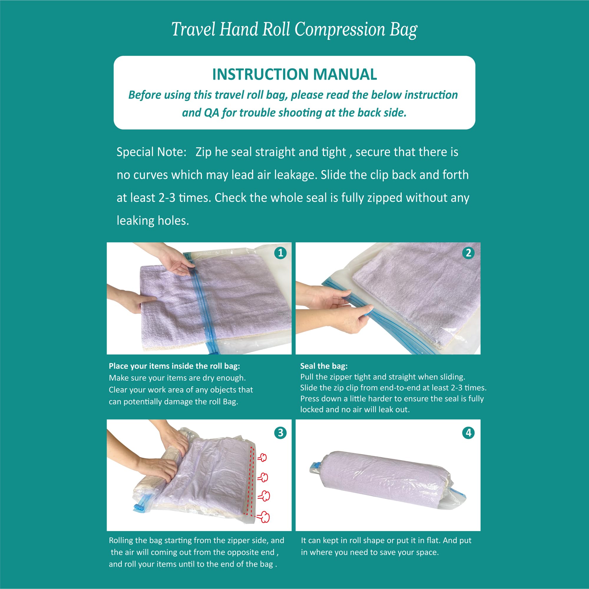 12 Roll Up Space Saver Bags for Travel, Travel Compression Bags for Packing & Clothes, No Pump or Vacuum Needed