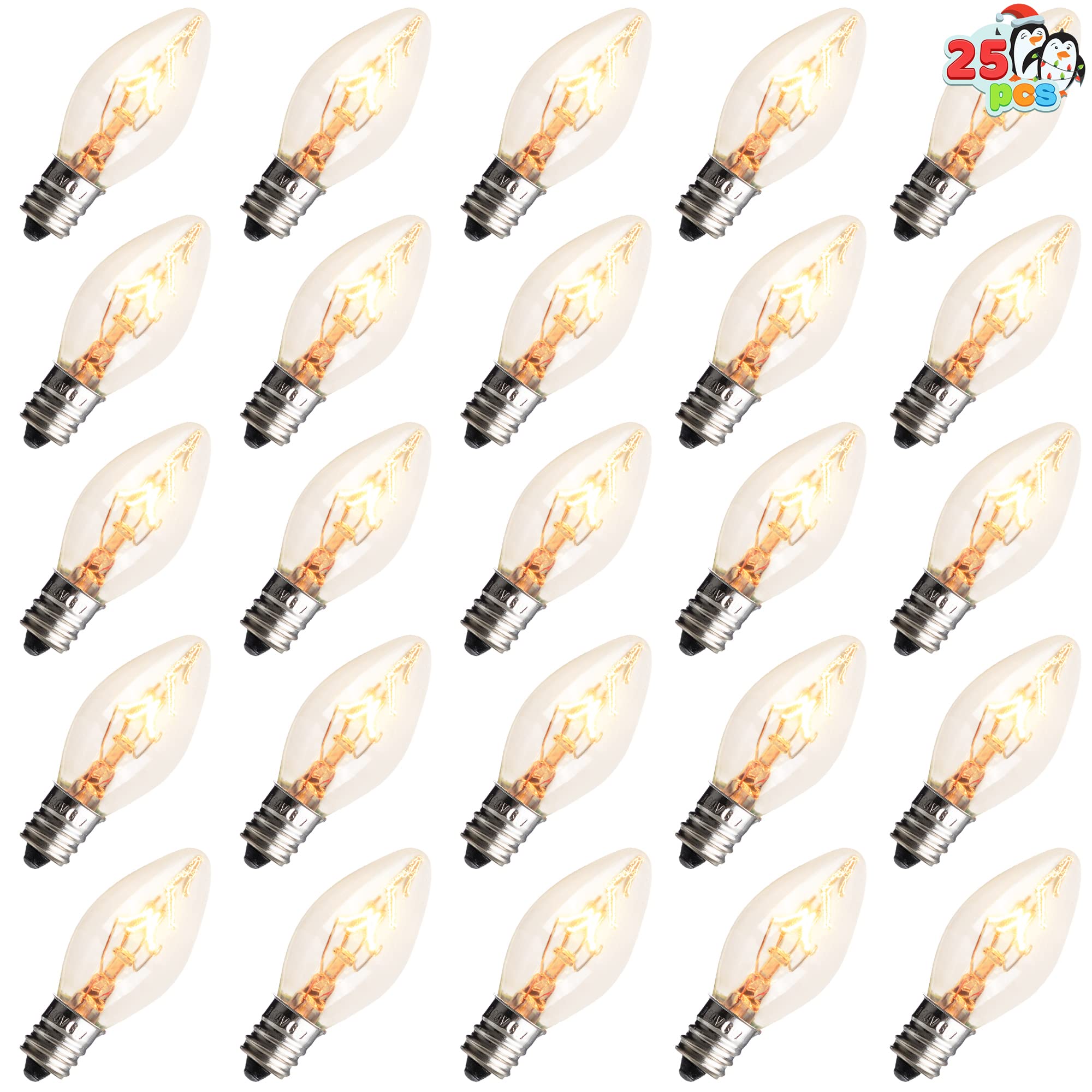 Joiedomi 25 Pack C7 Bulb, Replacement Light Bulbs for Christmas Outdoor, Indoor, Lawn, Tree, Panel Decor, E12 Candelabra Base, Longer Life 120 Volt, 6W