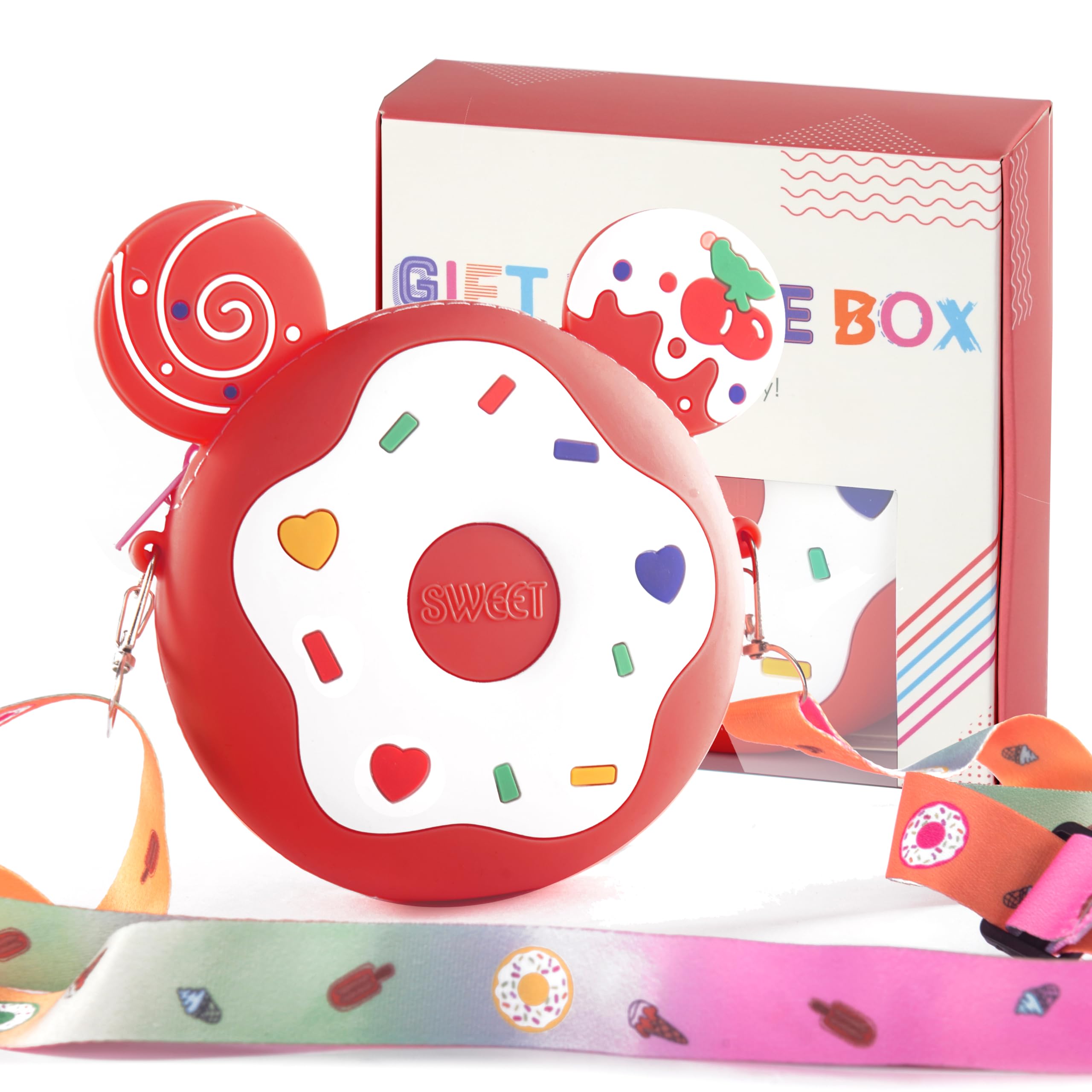 CONTRACONTACT Sweet Kids Purse Donut Bag in Boxes as Gift, Donuts Purses as Kids Toys for Age 3 4 5 Year Old, Doughnut Crossbody as Trendy Stuff (Donut Red)