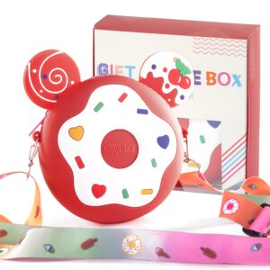 contracontact sweet kids purse donut bag in boxes as gift, donuts purses as kids toys for age 3 4 5 year old, doughnut crossbody as trendy stuff (donut red)