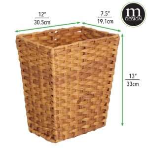 mDesign Small Woven Trash Can - Slim Rectangular Waste Basket - Decorative Garbage Waste Bin for Bedroom, Bathroom, Kitchen, Home Office, Craft, Laundry, Utility Rooms, and Garage - Camel