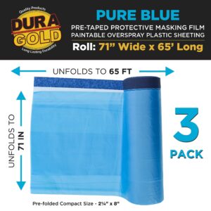 Dura-Gold 71" Wide x 65' Long Roll of Pure Blue Pre-Taped Masking Film, 3 Pack - Pre-Folded Overspray Paintable Plastic Protective Sheeting, Pull Down Drop Sheet - Auto Painting, Cover Walls Furniture