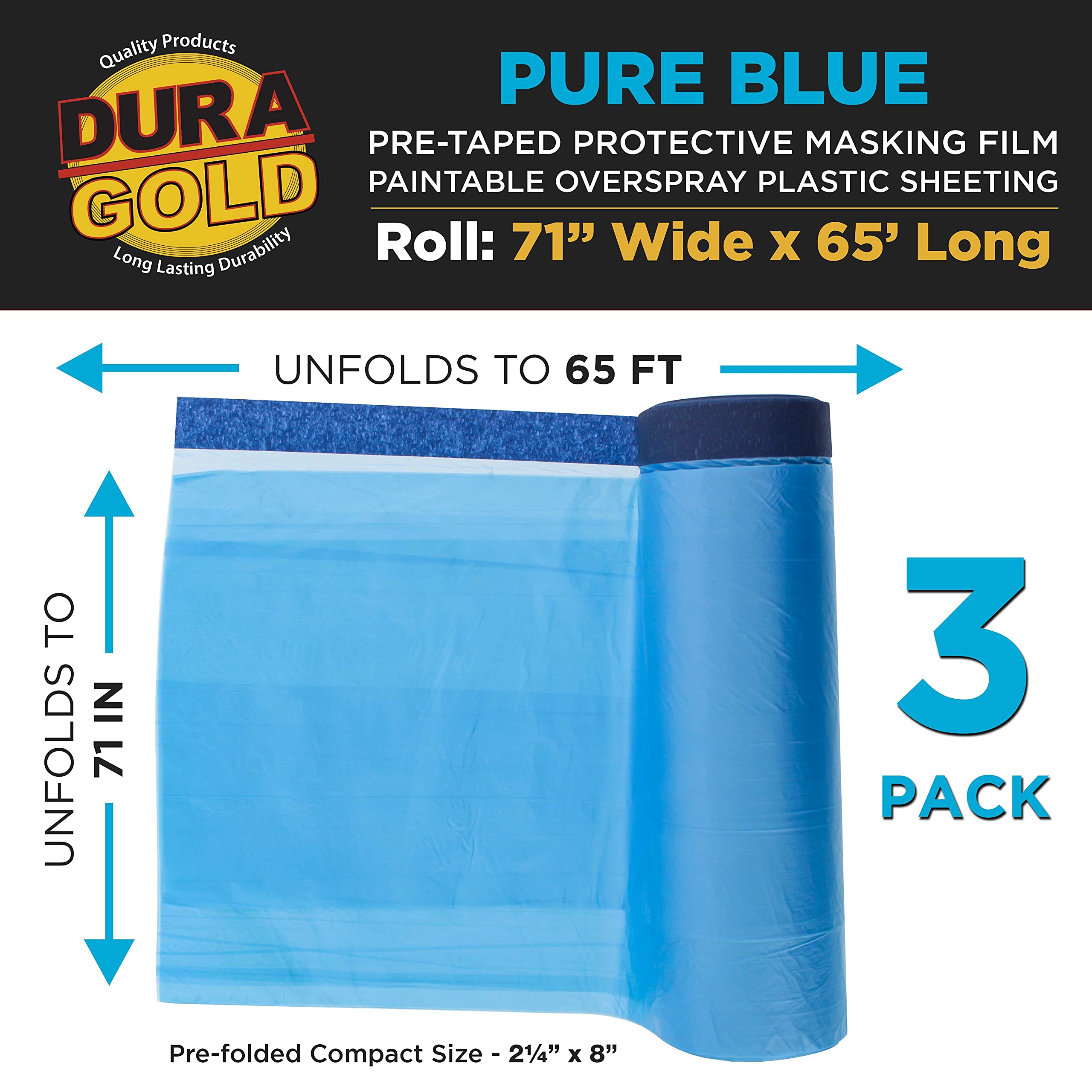 Dura-Gold 71" Wide x 65' Long Roll of Pure Blue Pre-Taped Masking Film, 3 Pack - Pre-Folded Overspray Paintable Plastic Protective Sheeting, Pull Down Drop Sheet - Auto Painting, Cover Walls Furniture