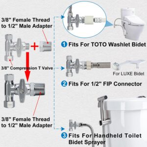 YUHX Brass Angle Stop Add-A-Tee Valve for TOTO Washlet Bidet and Handheld Sprayer, 3/8 Inch Compression Shut Off 3 Way Diverter Connector, 3/8"x3/8"x3/8" or 1/2" Toilet T Adapter