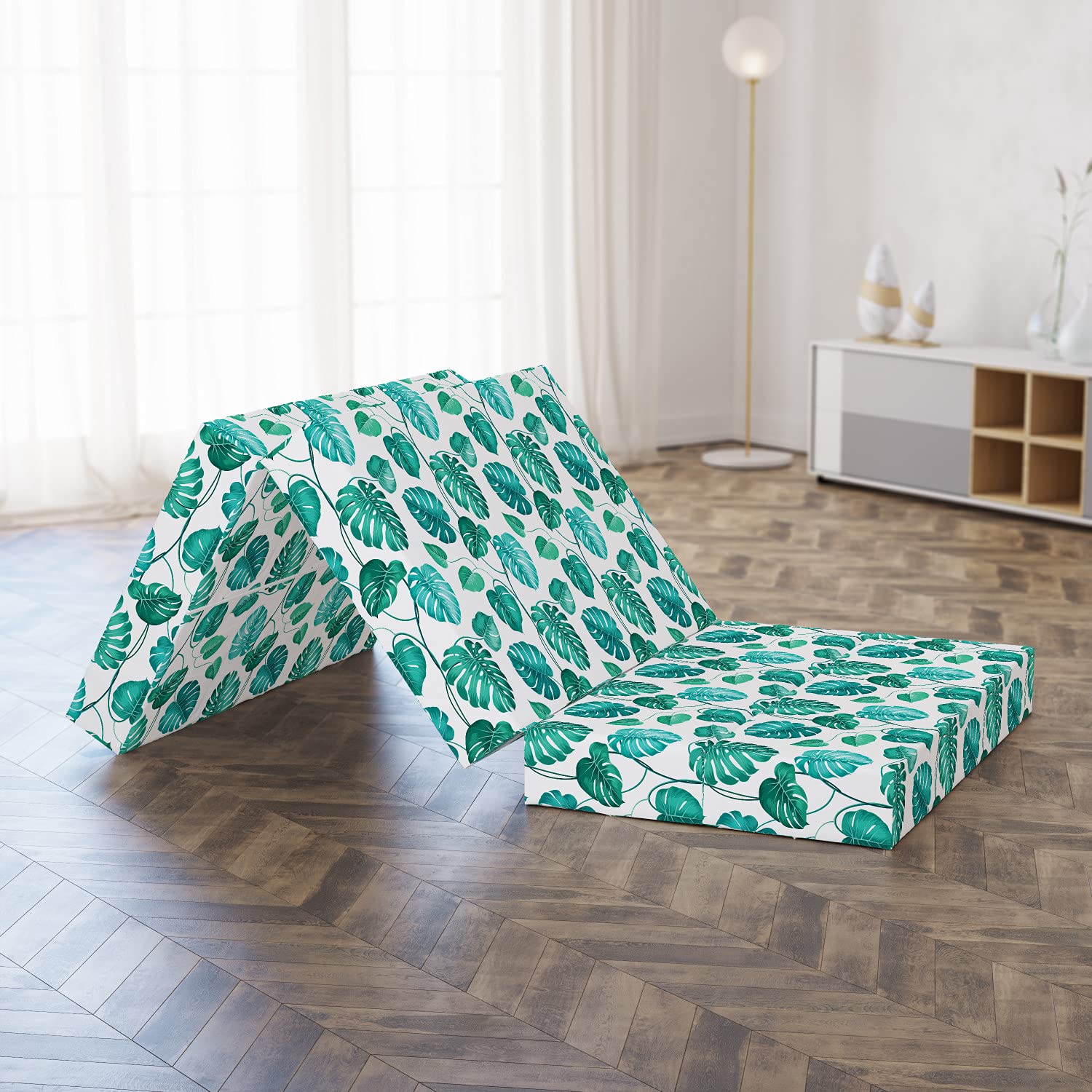 Ambesonne Green Leaf Foldable Mattress, Rainforest Jungle Leaf, 74.8" x 39.4", Sea Green White Teal