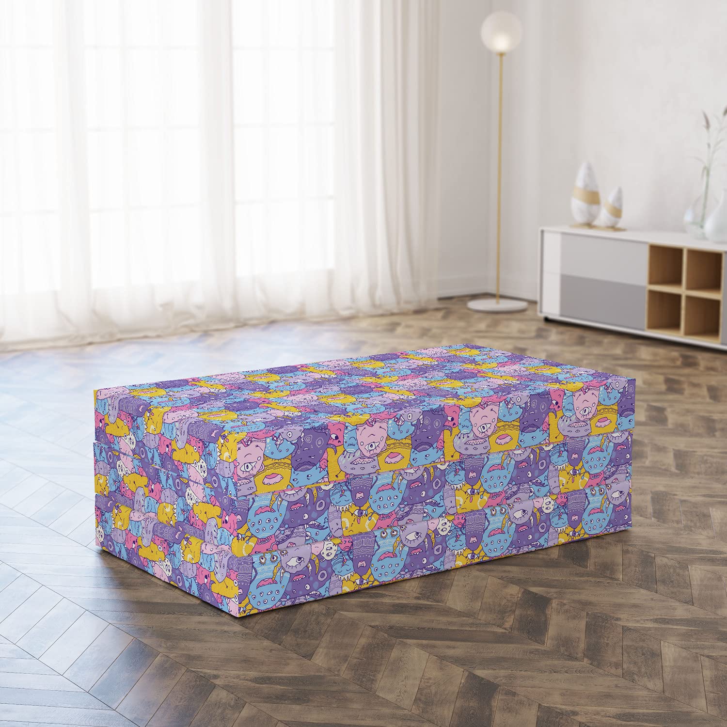 Ambesonne Aliens Foldable Mattress, Happy Monsters, 78.7" x 47.2", Ceil Blue and Multicolor