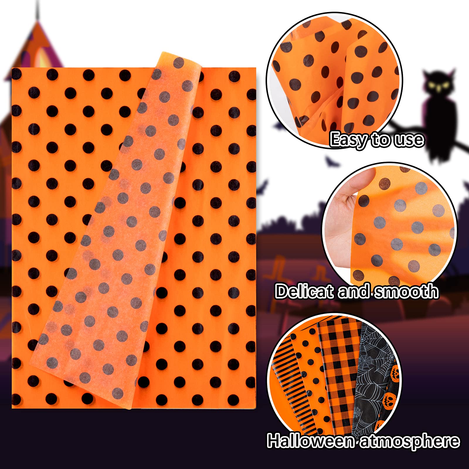 Whaline 90 Sheets Halloween Tissue Paper Black Orange Pumpkin Wrapping Tissue 19.7×13.8 Inch Halloween Cobweb Plaids Dot Stripe Art Tissue Paper for Halloween Party DIY Craft Gift Decor, 6 Designs