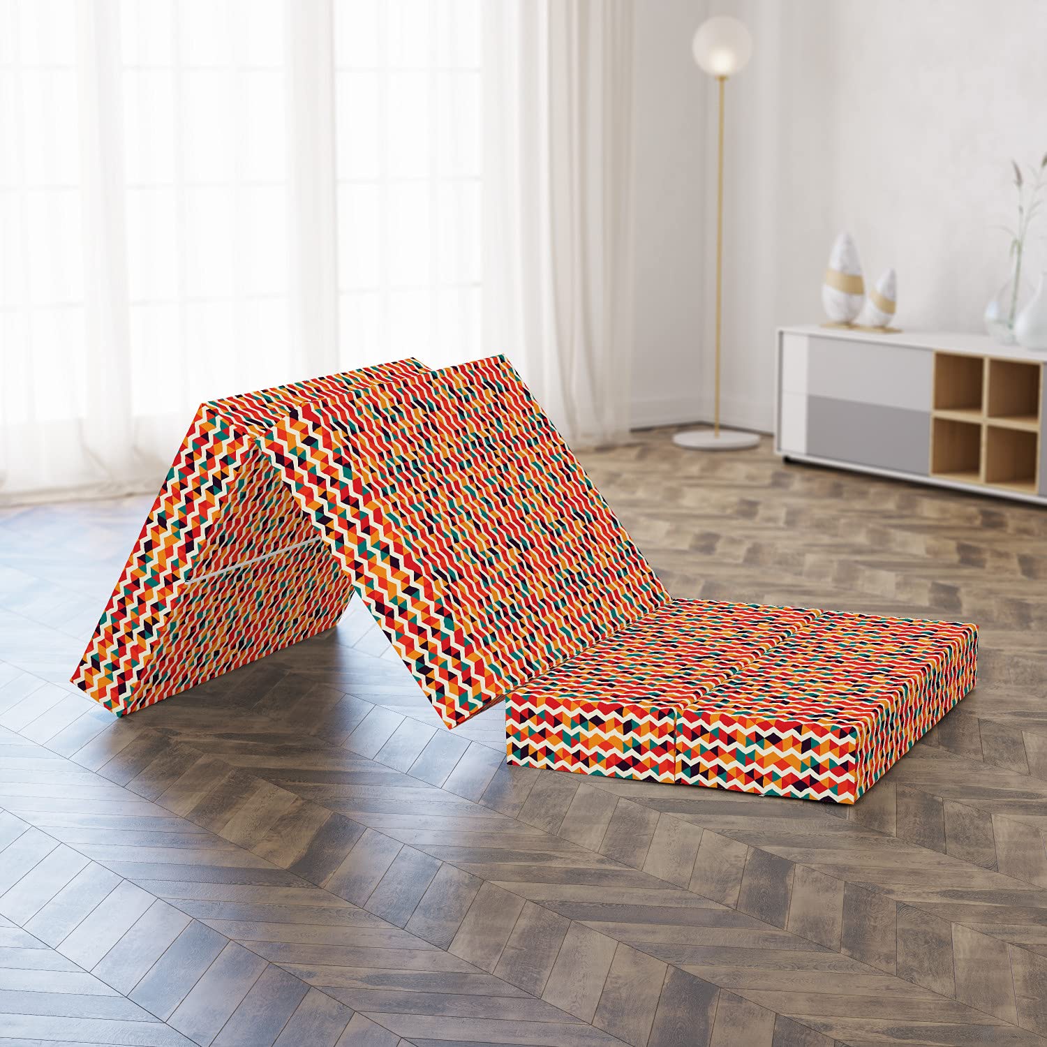 Ambesonne Geometric Foldable Mattress, Zig Zag Fractal Look, 74.8" x 35.4", Multicolor