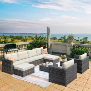 xizzi patio furniture set, no assembly 9 pcs big size outdoor sectional sofa all weather pe rattan wicker outdoor furniture with 2 pillows,grey wicker beige cushion