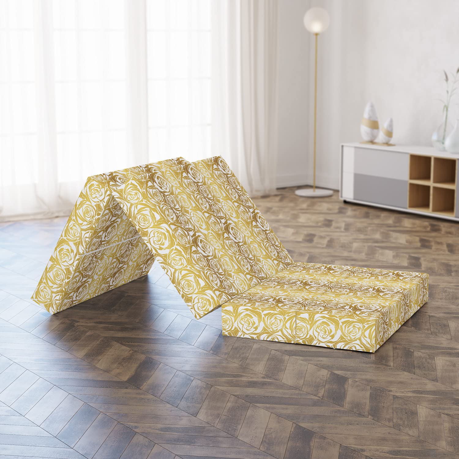 Ambesonne Floral Foldable Mattress, Dreamy Roses Pattern Modern, 74.8" x 35.4", Earth Yellow Coffee