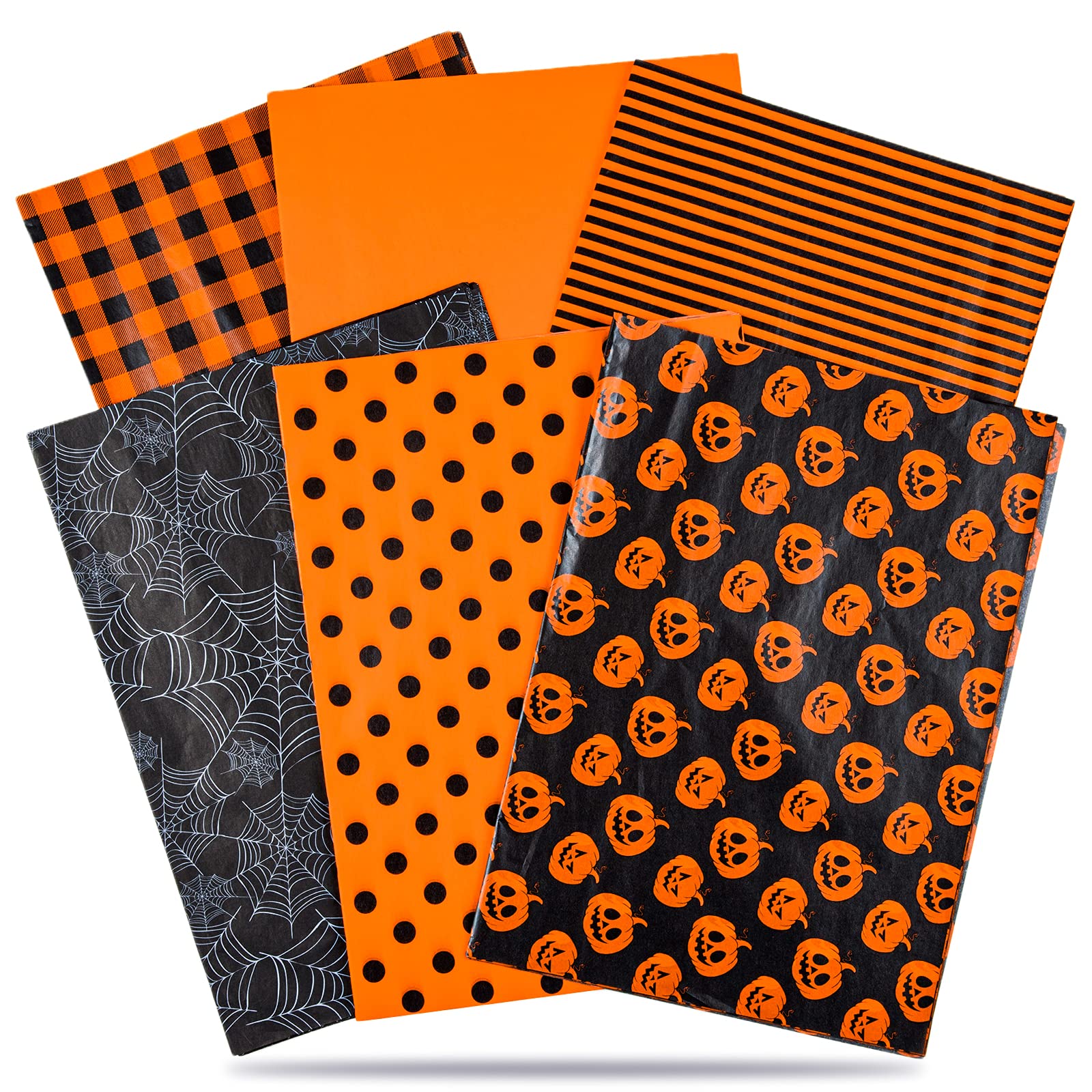 Whaline 90 Sheets Halloween Tissue Paper Black Orange Pumpkin Wrapping Tissue 19.7×13.8 Inch Halloween Cobweb Plaids Dot Stripe Art Tissue Paper for Halloween Party DIY Craft Gift Decor, 6 Designs