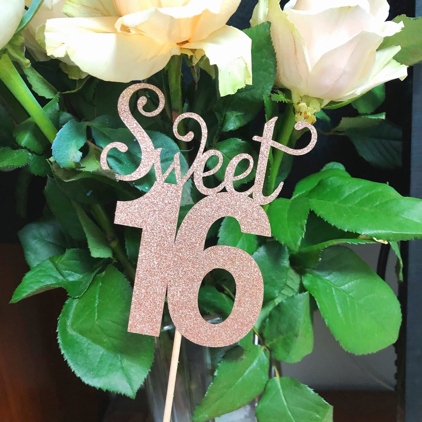 10-Pack Glitter Gold Double Sided Sweet 16 Birthday Anniversary Centerpiece Sticks, Number 16 Table Cake Topper for Sweet 16 Birthday Table Party Decorations (sweet 16) (rose gold)