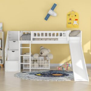 harper & bright designs twin size loft bed with slide and stairway, wooden low loft bed with storage for kids girls boys (white)