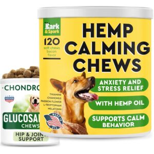 glucosamine dog treats + calming hemp treats for dogs bundle - hip support and joint pain relief supplement with chondroitin, msm, omega-3 + anxiety relief, separation aid, fireworks, storms, thunder