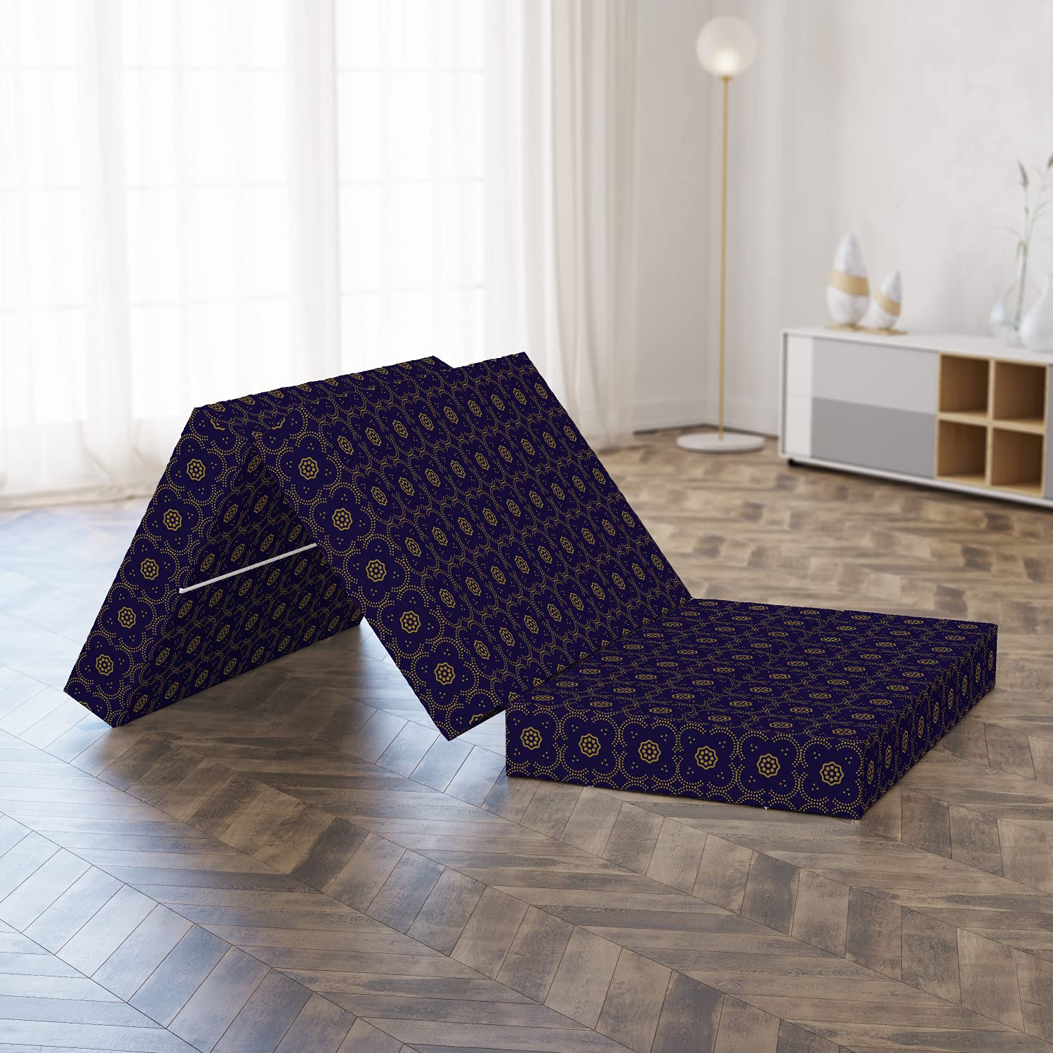 Ambesonne Oriental Foldable Mattress, Arching Dots Floral Motifs, 74.8" x 39.4", Dark Indigo Dark Khaki