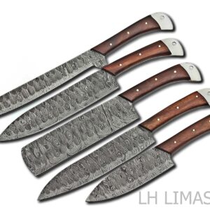 Damascus Steel Kitchen Knife Set, 5 PCS Hand Forged Chef Knife Set With Leather Roll Kit Christmas gift kitchen and Dinning