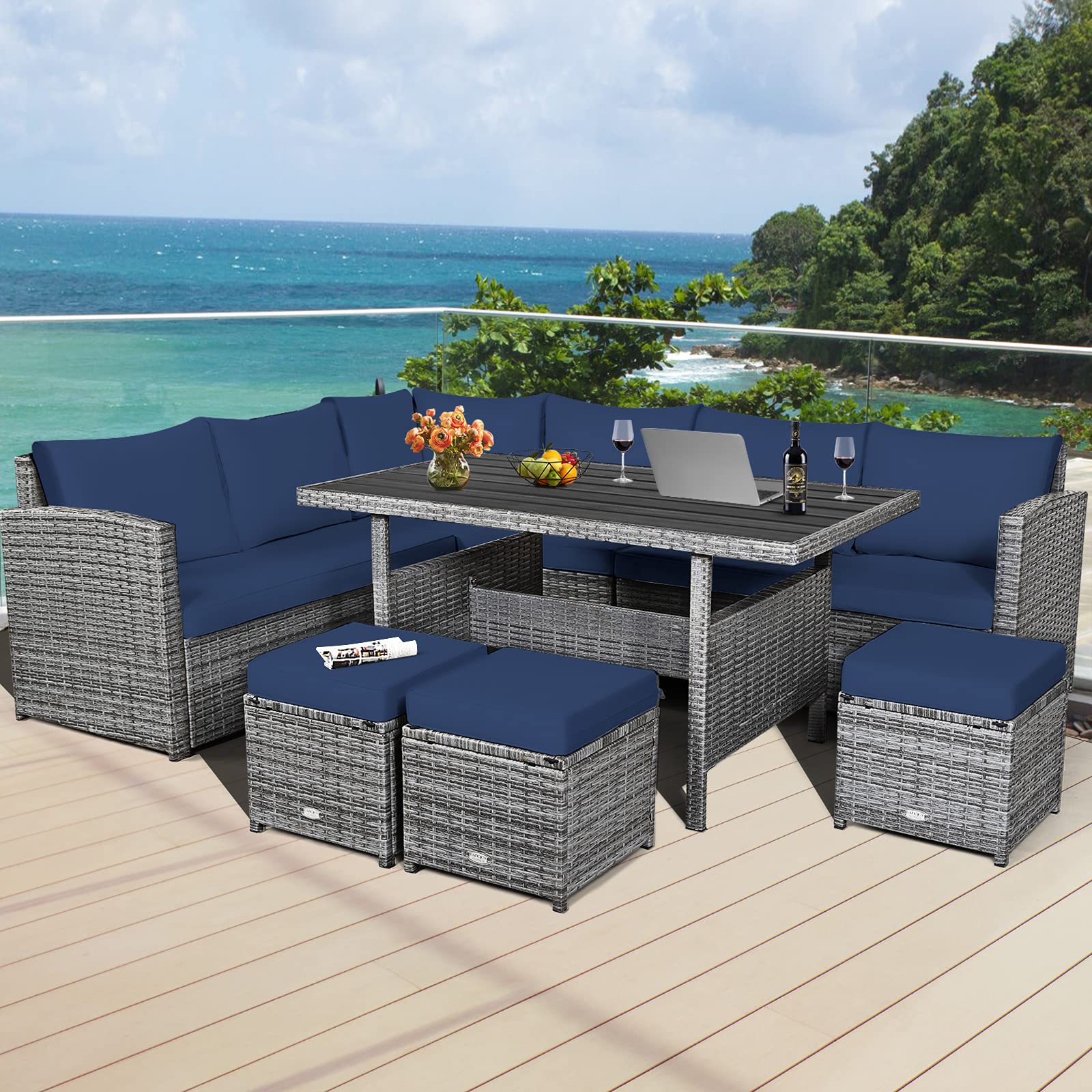 HAPPYGRILL 7 PCS Patio Conversation Set Rattan Wicker Furniture Set with Cushions Outdoor Rattan Sofa Set with Dining Table & Ottomans for Poolside Backyard Balcony Garden