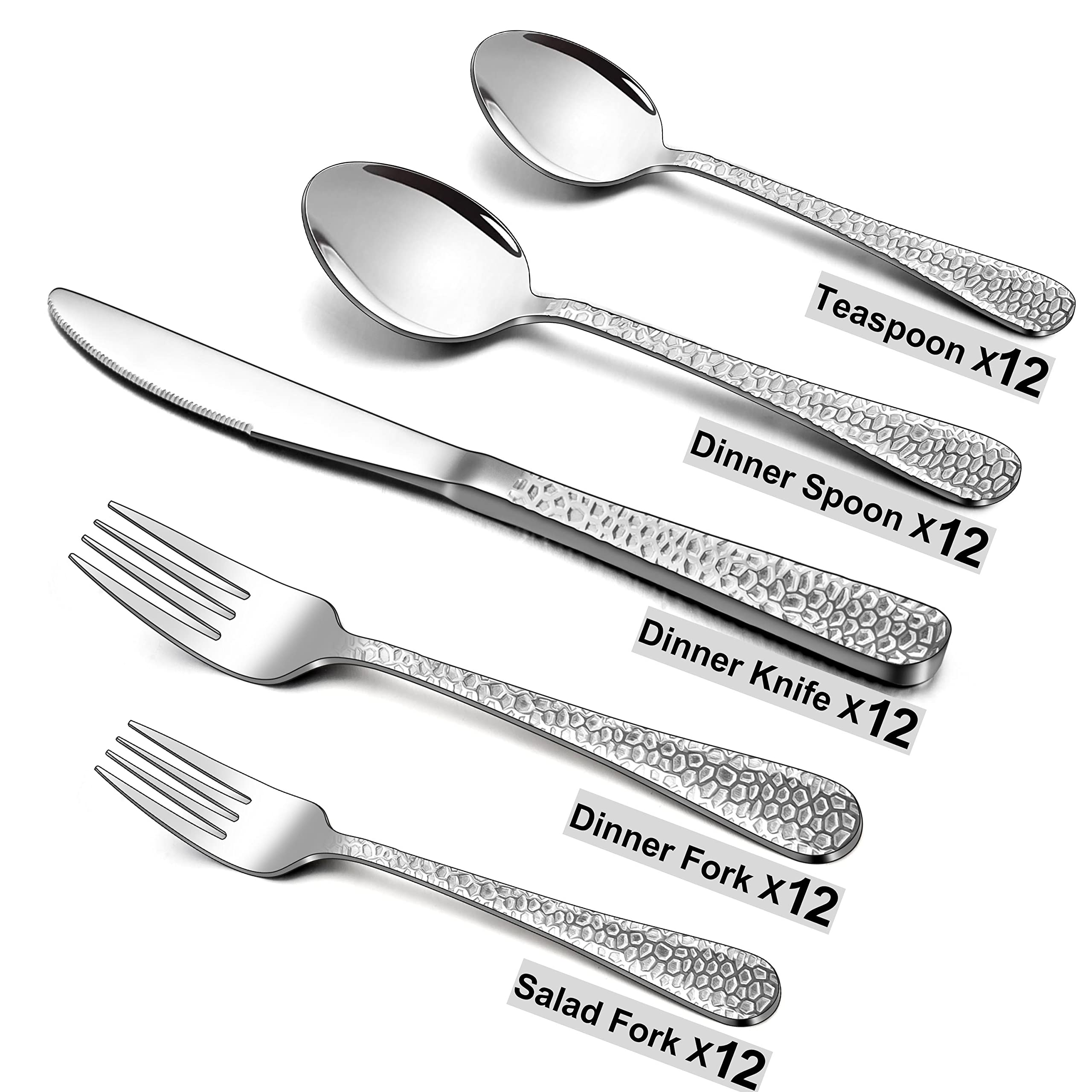 Homikit 20 Pieces Hammered Silverware Set, Stainless Steel Flatware Cutlery for 4, Fancy Metal Tableware Eating Utensils Include Knives Forks Spoons, Mirror Polish, Dishwasher Safe