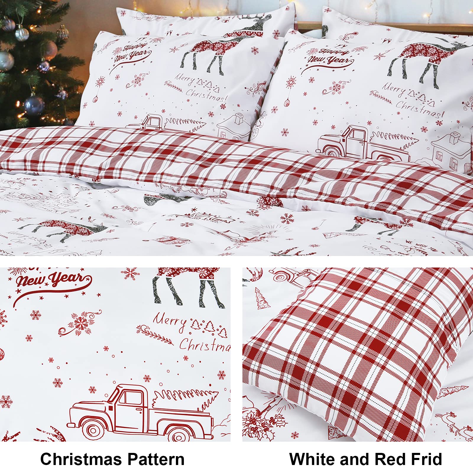 Lyacmy Christmas Duvet Cover Set Twin Reindeer Comforter Cover Set 2 Pcs Christmas Tree Bedding Cover White and Red Grid Quilt Cover with Zipper Closure(1 Duvet Cover, 1 Pillow Shams)