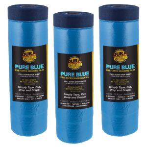 dura-gold 71" wide x 65' long roll of pure blue pre-taped masking film, 3 pack - pre-folded overspray paintable plastic protective sheeting, pull down drop sheet - auto painting, cover walls furniture